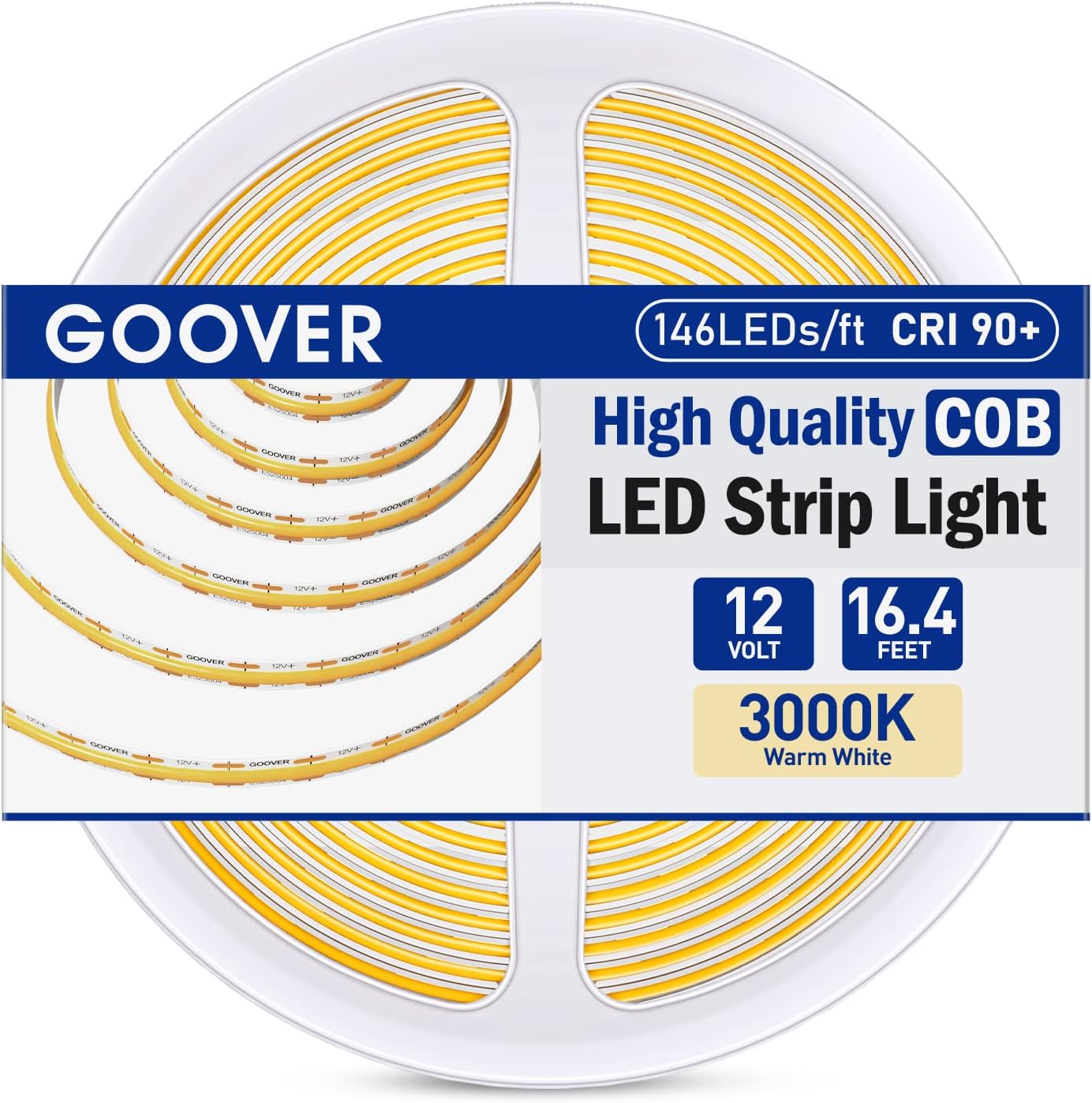 Amazon.com: GOOVER COB Warm White LED Strip Lights,3000K Tape Light,DC ...