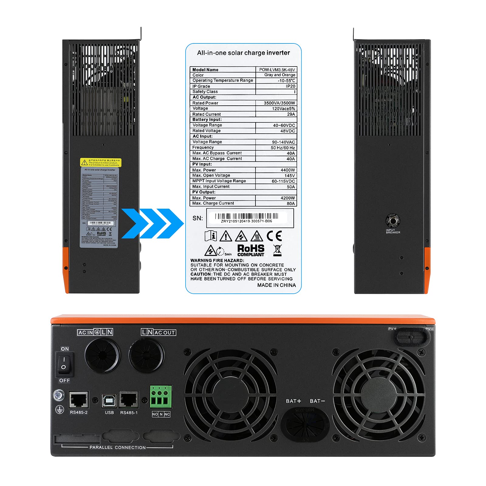 Buy PowMr 3500W Solar Inverter 48VDC to 110VAC, Off-Grid Pure Sine Wave ...