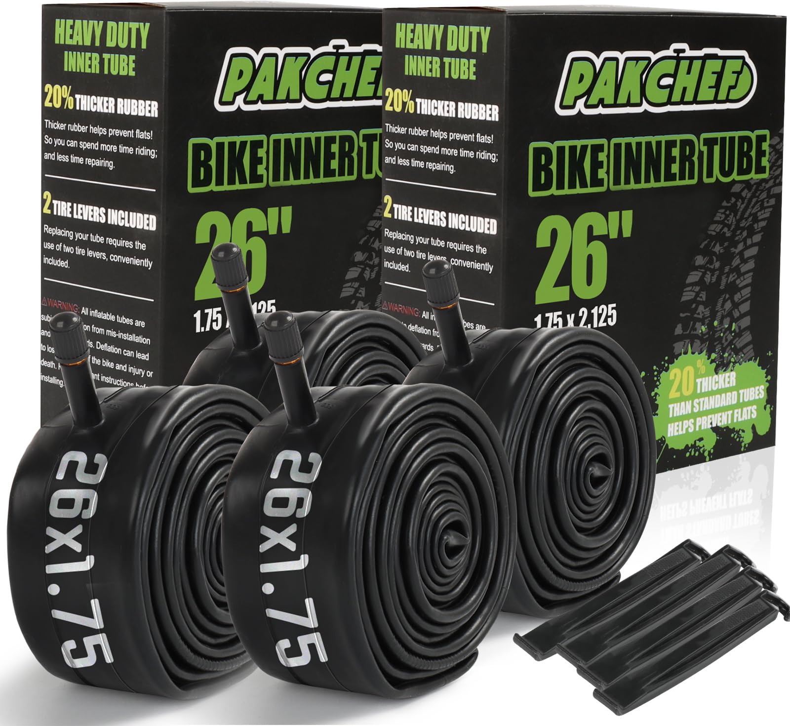 Bike Tube 26x1.95 PAKCHEF 4 Pack Heavy Duty Bike Tubes - 26x1.75/1.95/2 ...
