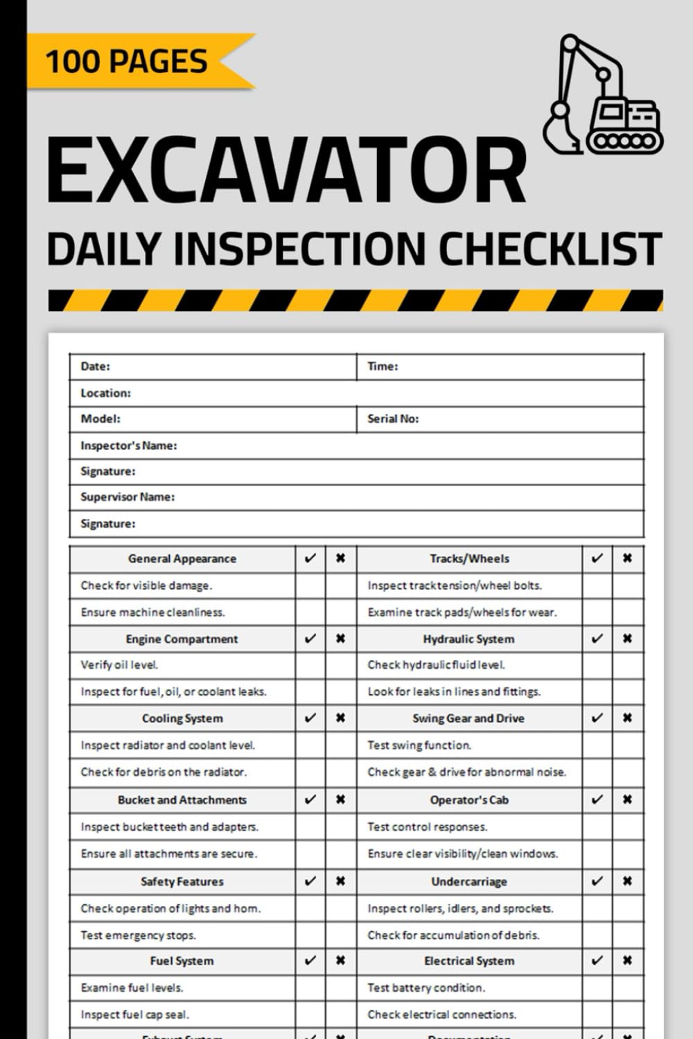 Excavator Daily Inspection Checklist: Excavator Pre-Operation ...
