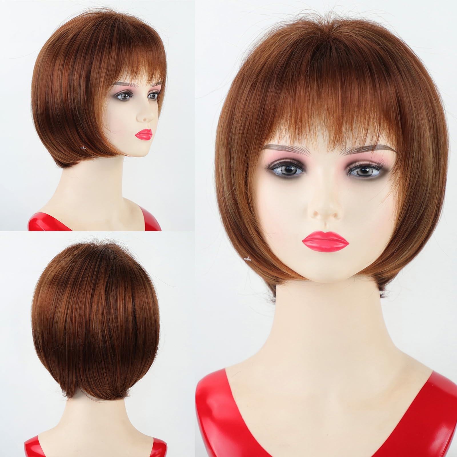 Amazon.com : TISHINING Short Brown Bob Wig with Bangs for White Women ...