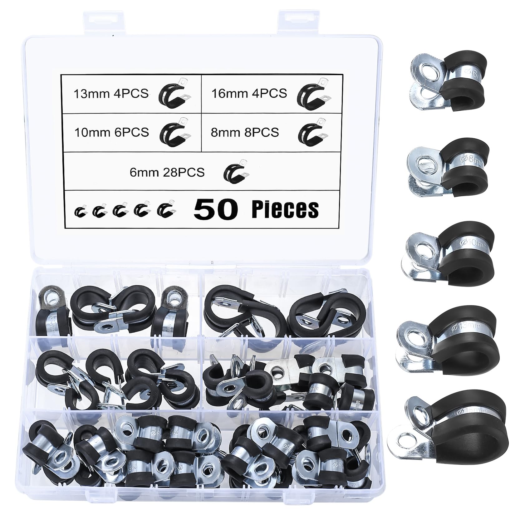 50 Pcs Carbon Steel Rubber Lined P Clips Assorted, Rubber Cushioned R ...
