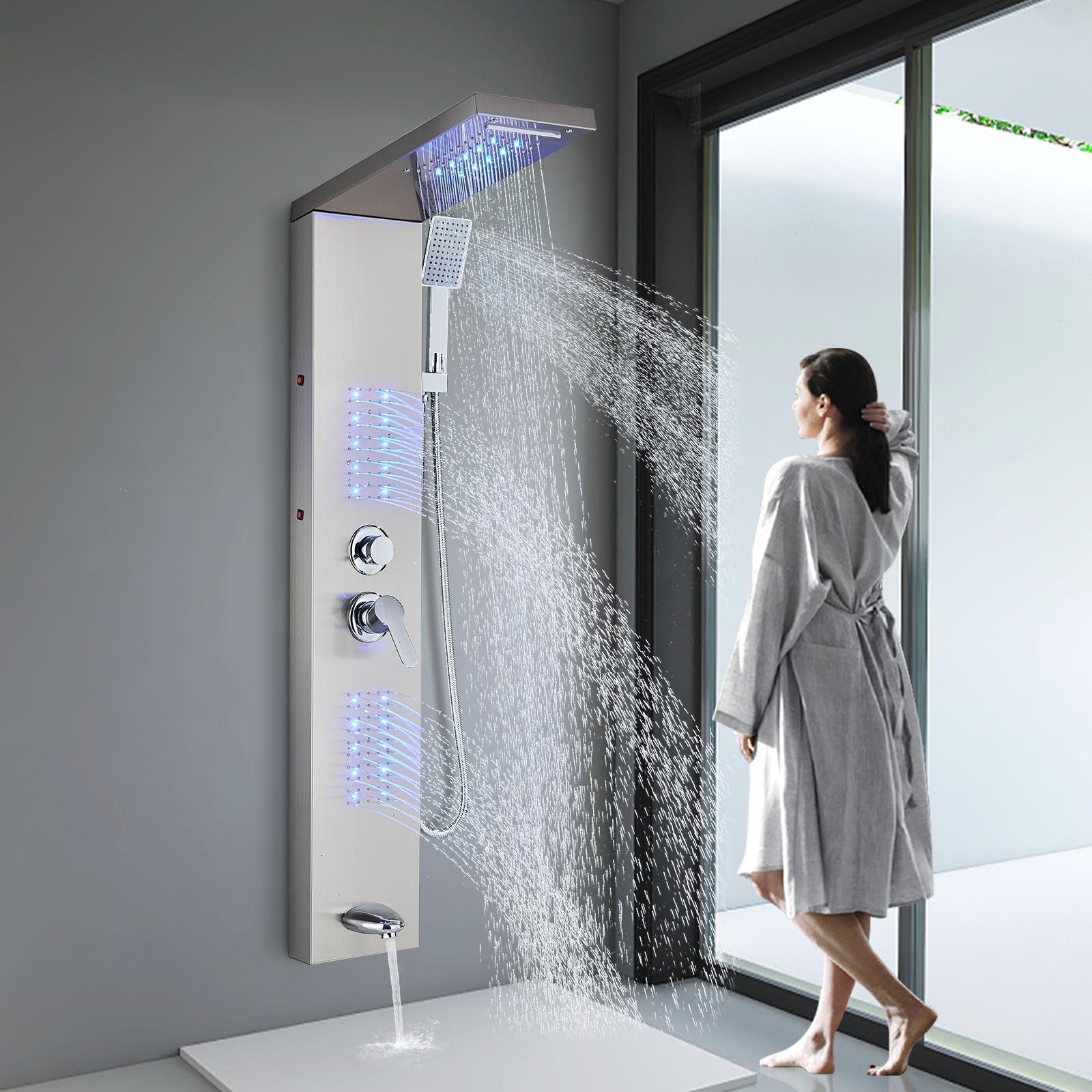 Shower Panel Tower System, 6 In 1 Stainless Steel Shower System, LED ...