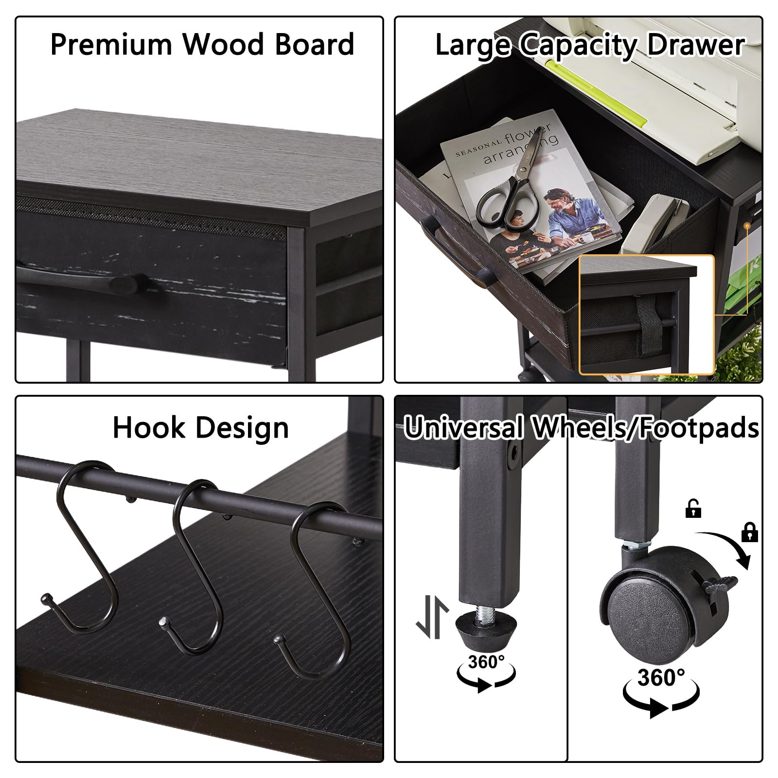 IBUYKE Printer Stand Rack with Fabric Drawer,3 Tier Printer Table with ...