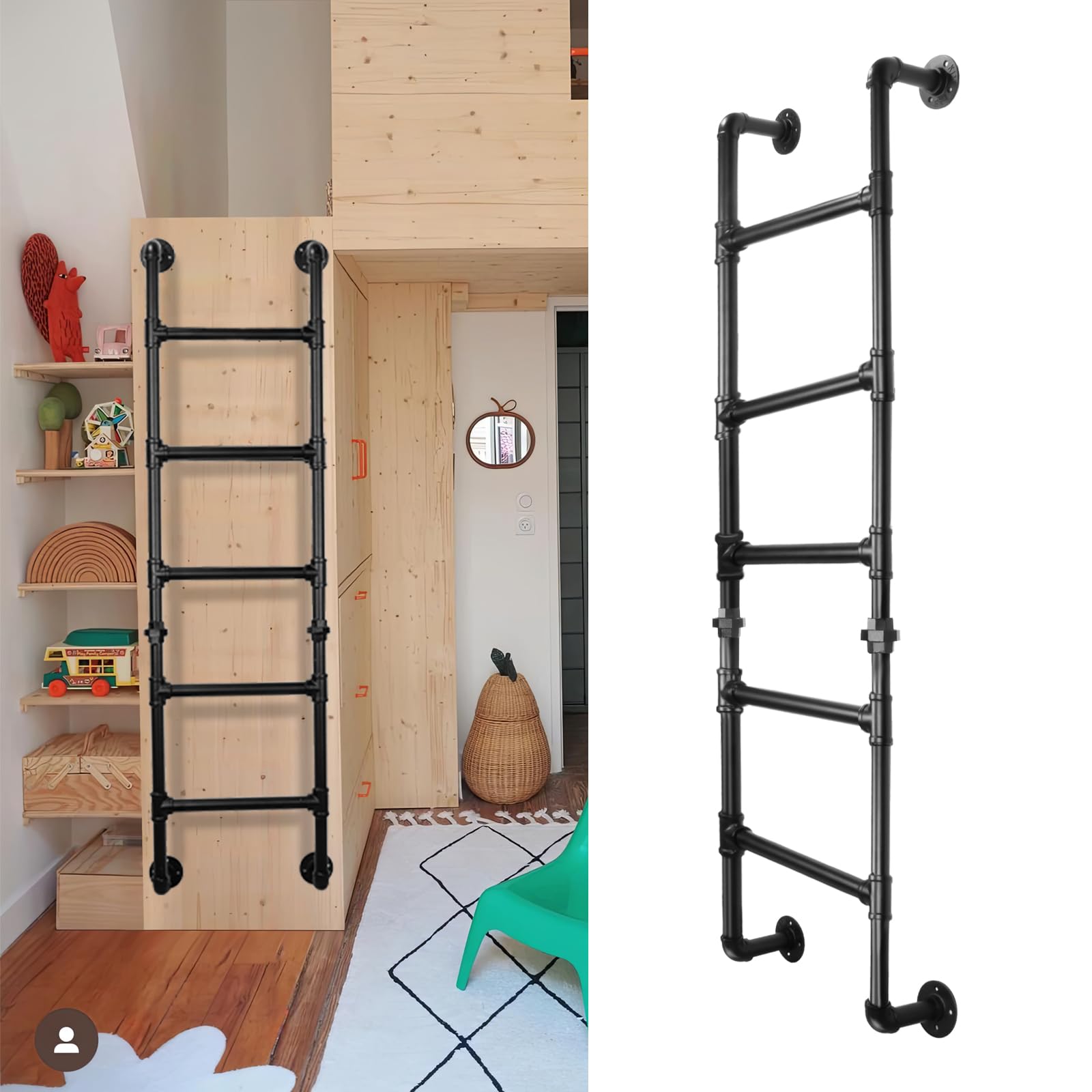 5-Rung Bunk Bed Ladder, 5.4×1.5FT Wall Mount Basement Window Well ...