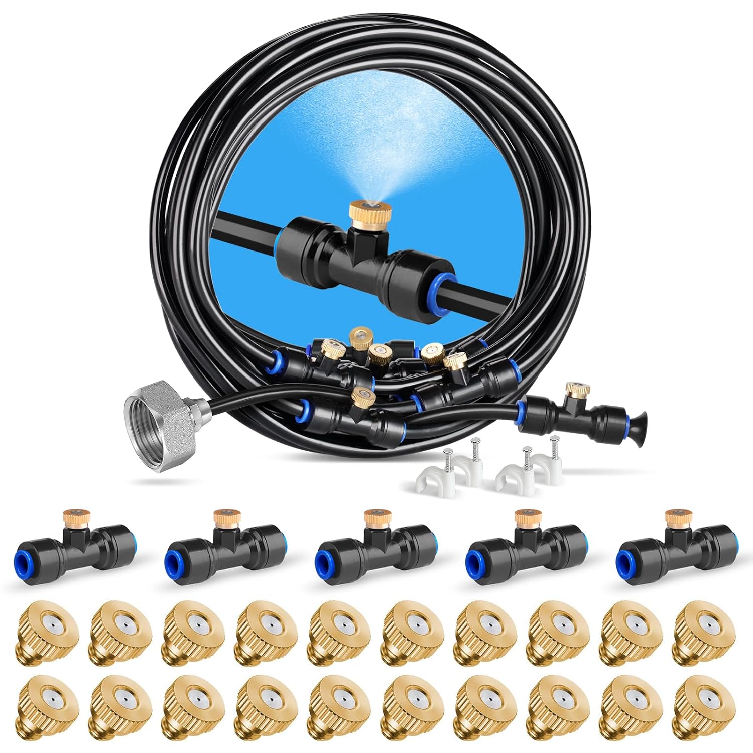 Amazon.com: Misting Cooling System, 26FT (8M) Misting Line + 7 Brass Mist Nozzles + Brass ...