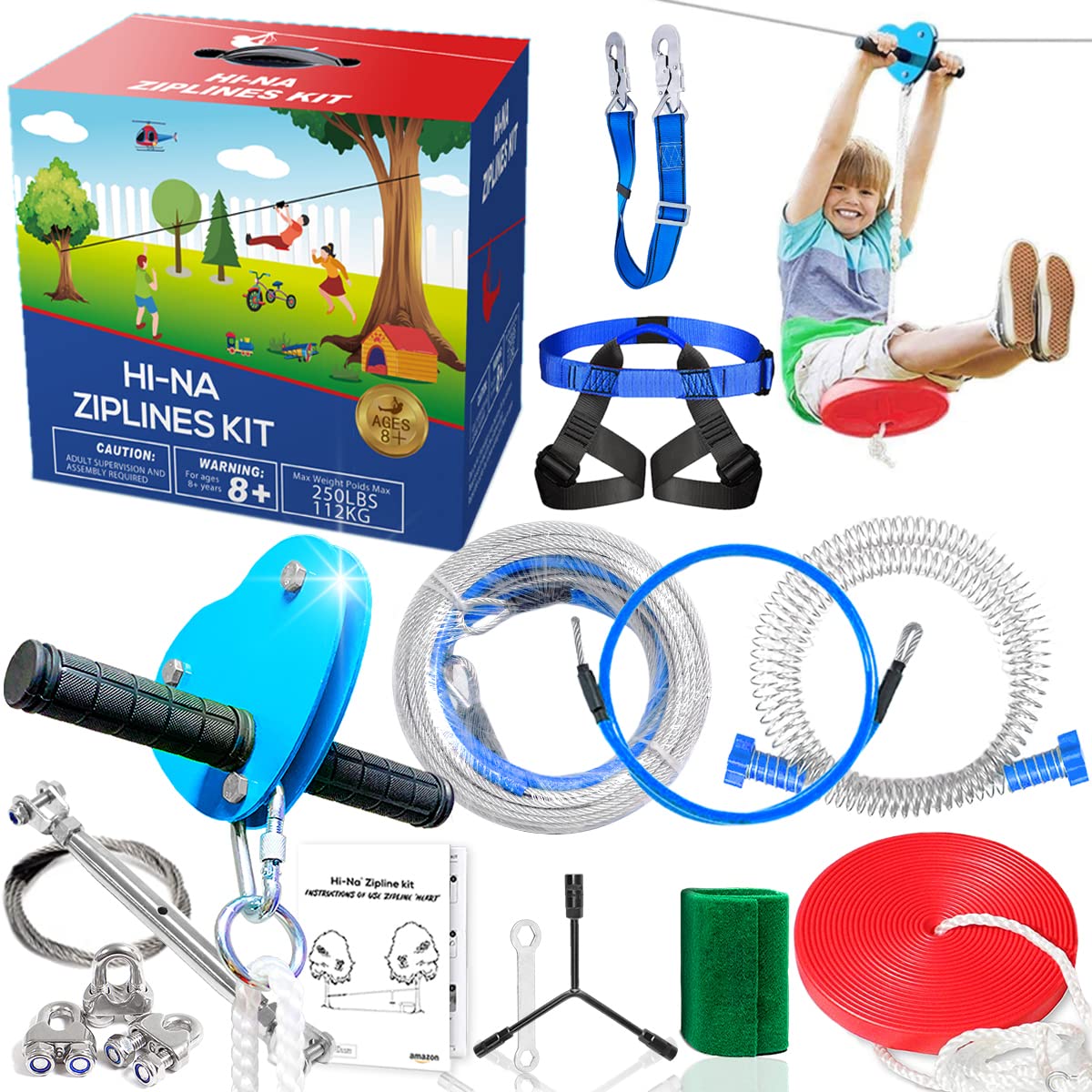Buy Hi-Na 150ft Zipline Kits for Backyard with Brake Zipline with ...