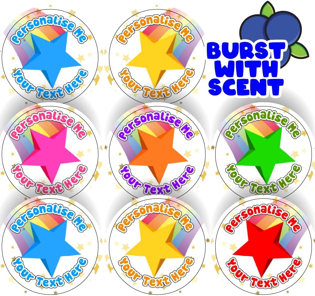 120 Personalised Rainbow Stars Stickers - Mixed Berry Scented 30mm ...