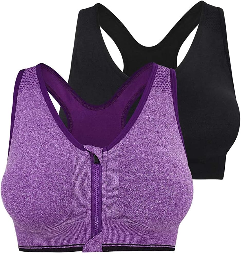 Fapreit Women's Zip Front Closure Sports Bra - Seamless Wirefree Post ...