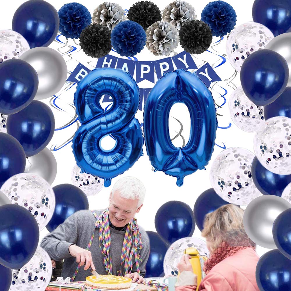Happy 80th Birthday Party Decor Silver Navy Blue Balloons, 52% OFF