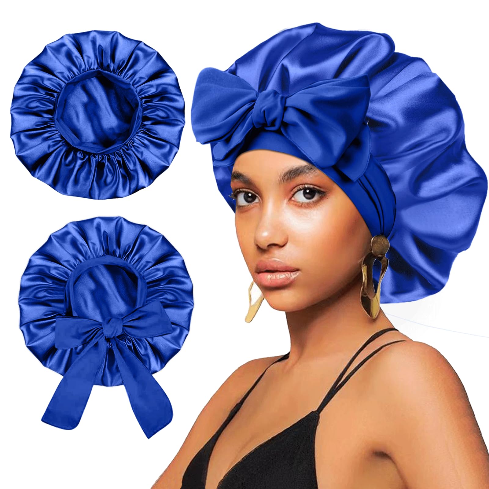 Amazon.com : 2Pcs Satin Silk Hair Bonnet for Sleeping Women,Large ...