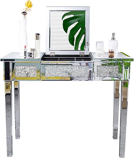 Amazon.com: VINGLI Silver Mirrored Vanity Desk, Glass Vanity w/Drawers ...