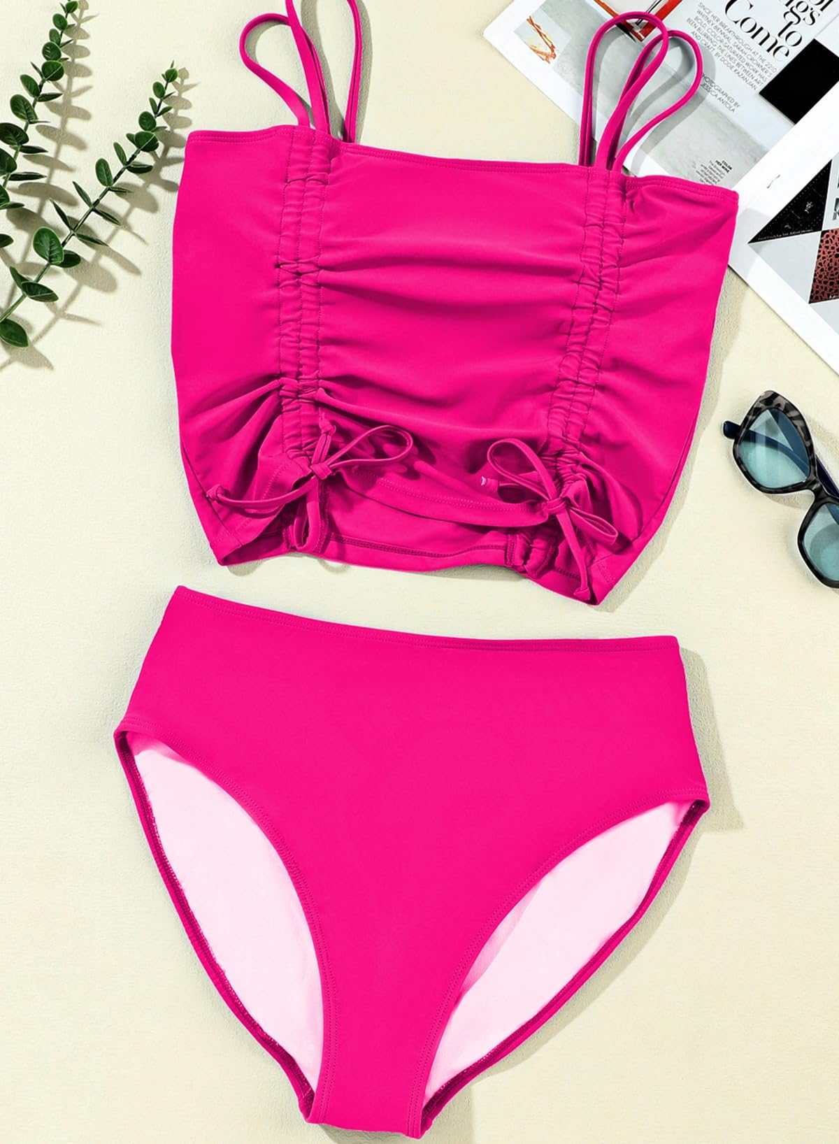 Snapklik.com : Womens 2 Piece Hot Pink Tankini Sets Ruched Straight ...