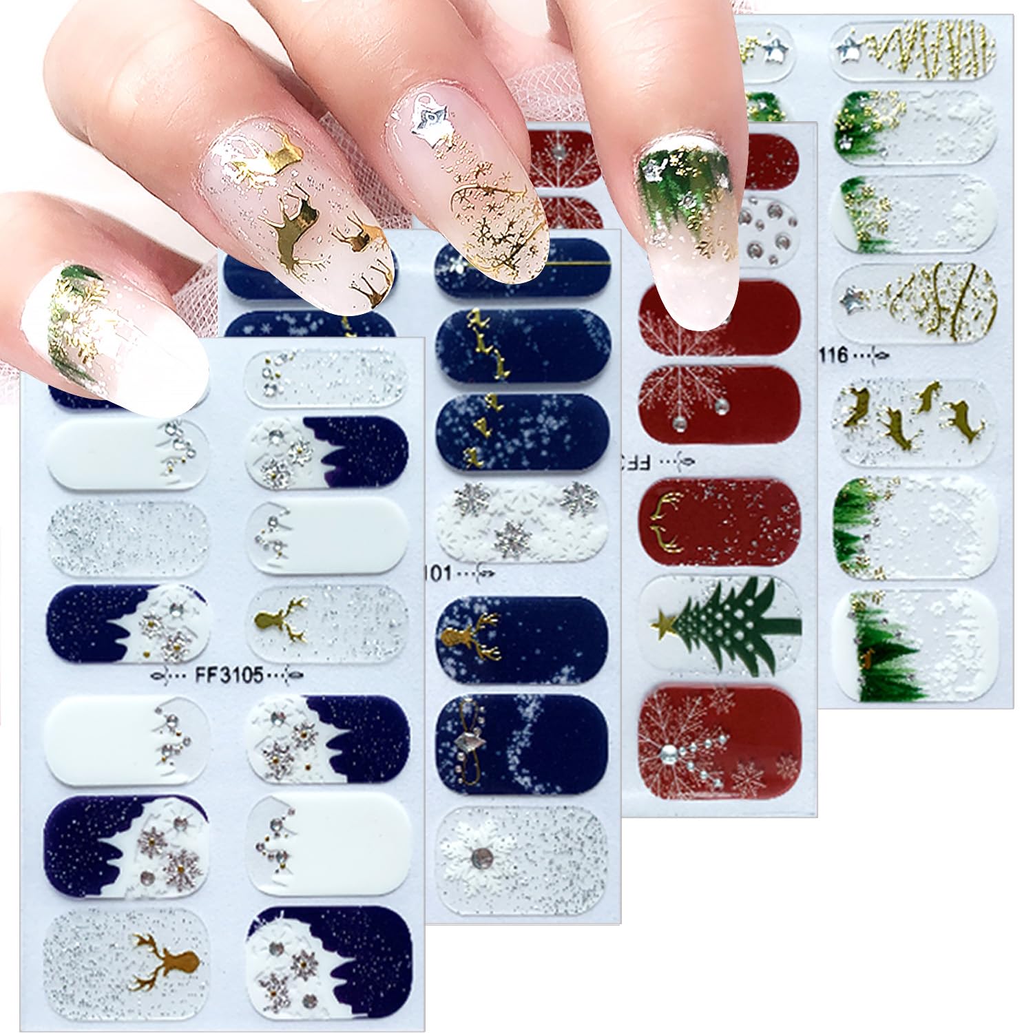 Amazon.com: 4 Sheets Christmas Nail Wraps Stickers 5D Charms White ...