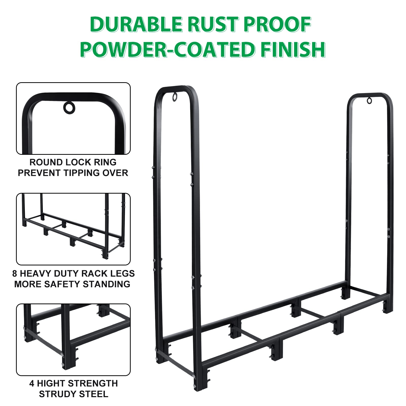 CONNOO 4ft Firewood Rack Stand Heavy Duty Firewood Log Rack Holder ...