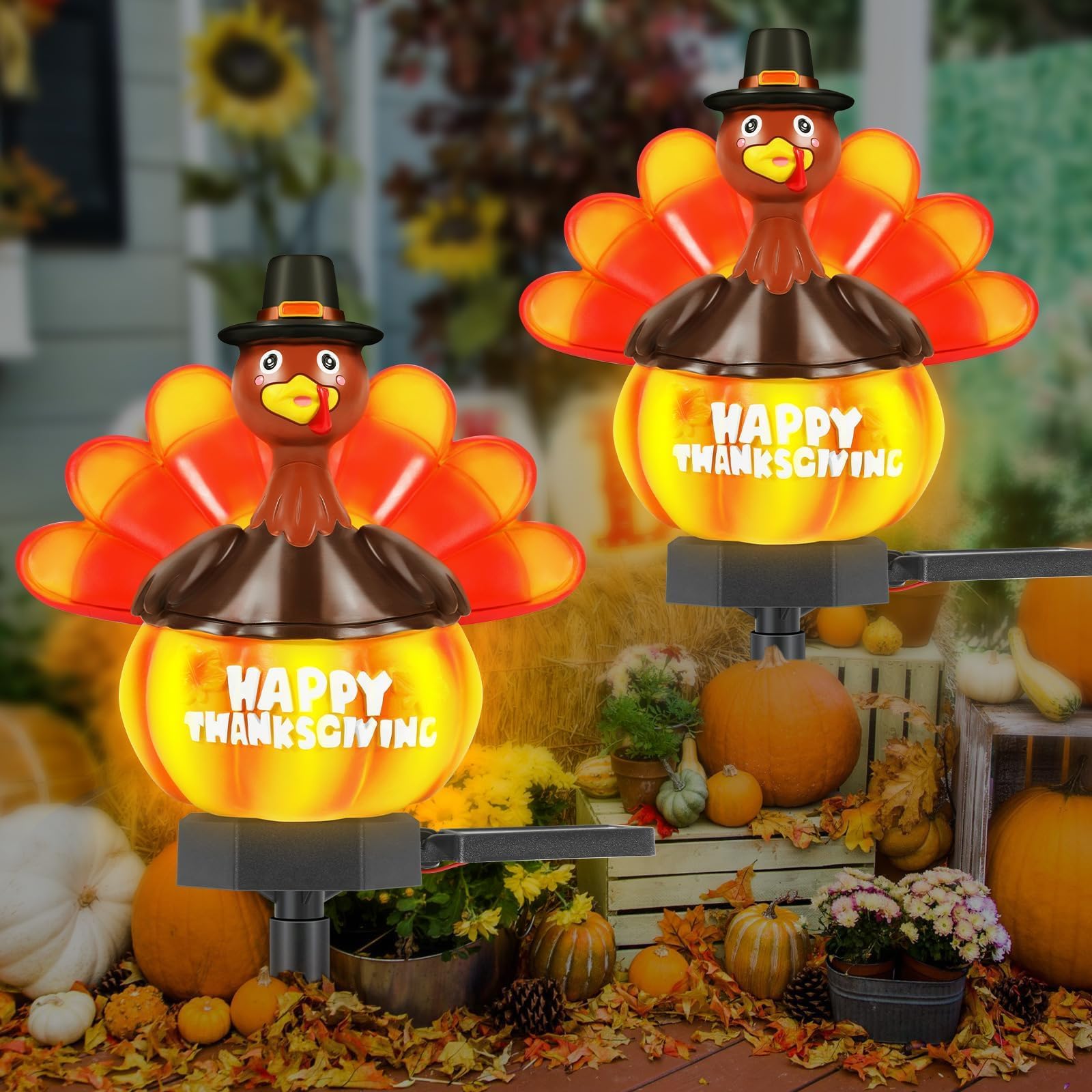 2 Pack Thanksgiving Solar Outdoor Lights Hand Painted Turkey Pumpkin ...