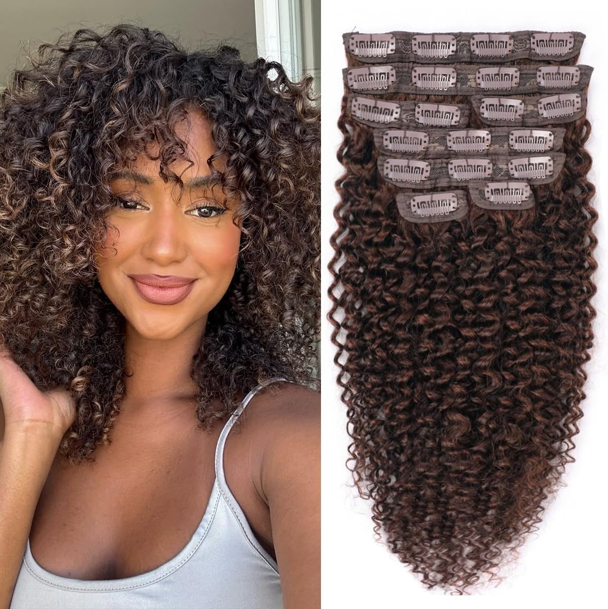 Amazon.com : Chocolate Brown 3C 4A Curly Clip In Hair Extension Real ...