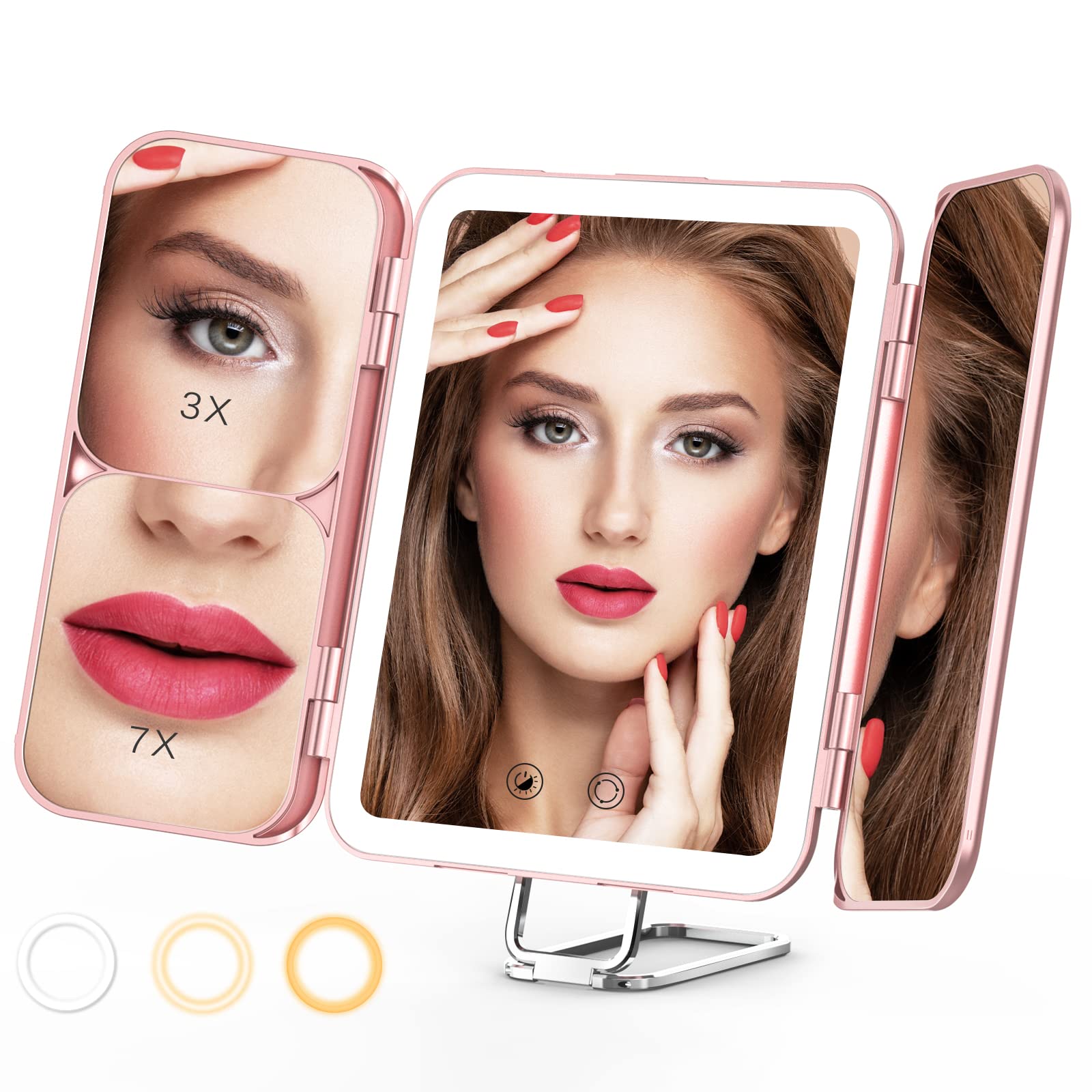 TOKSO Makeup Mirror with 3 Color Lights, Trifold Makeup Mirror with 3X ...