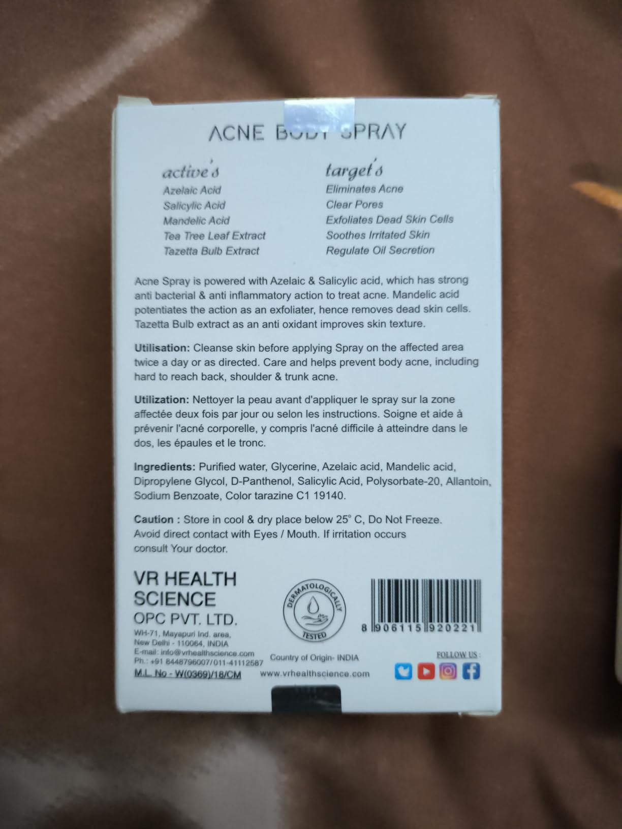 VRH Acne Control Body Spray | Triple Acid Blend with Salicylic, Azelaic ...