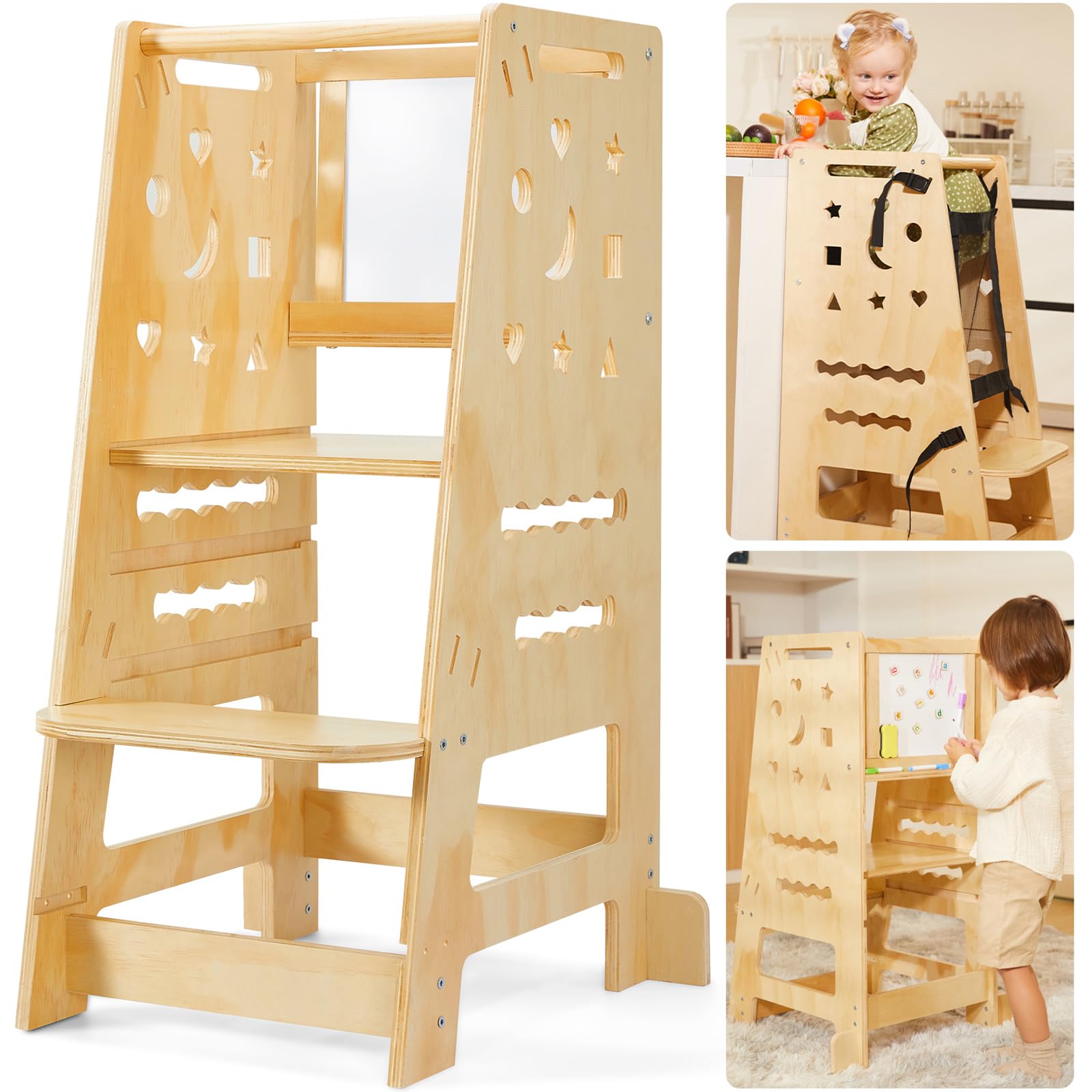 KIDHABE Toddler Tower, Wooden Kitchen Learning Tower Height Adjustable ...