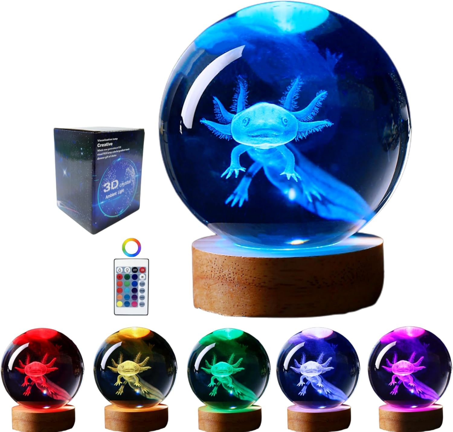 axolotl lamp,3.15 inch 3D K9 Crystal Ball Axolotl Night Light with ...