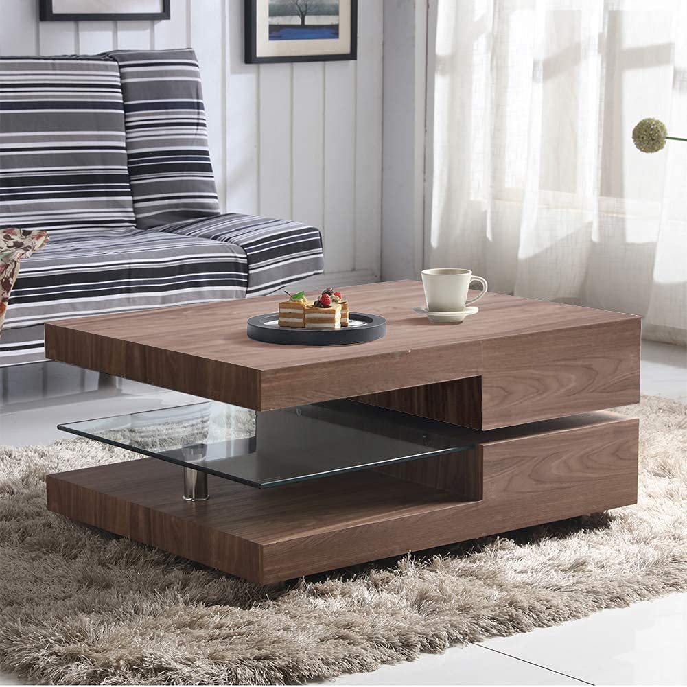 Goldfan Rectangular Glass Swivel Coffee Table Modern Console Sofa Table ...