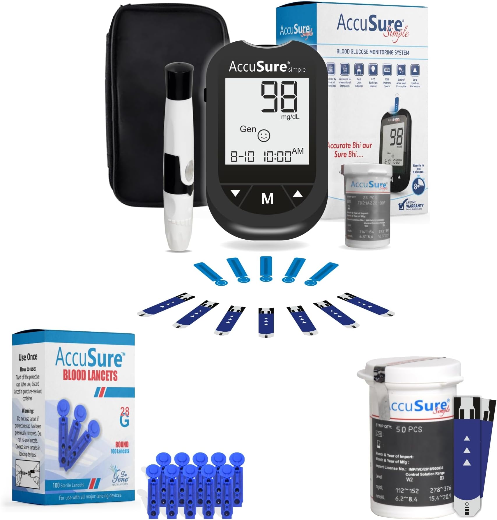 AccuSure Instant Digital Simple Glucometer Kit With 100 Blood Lancet ...