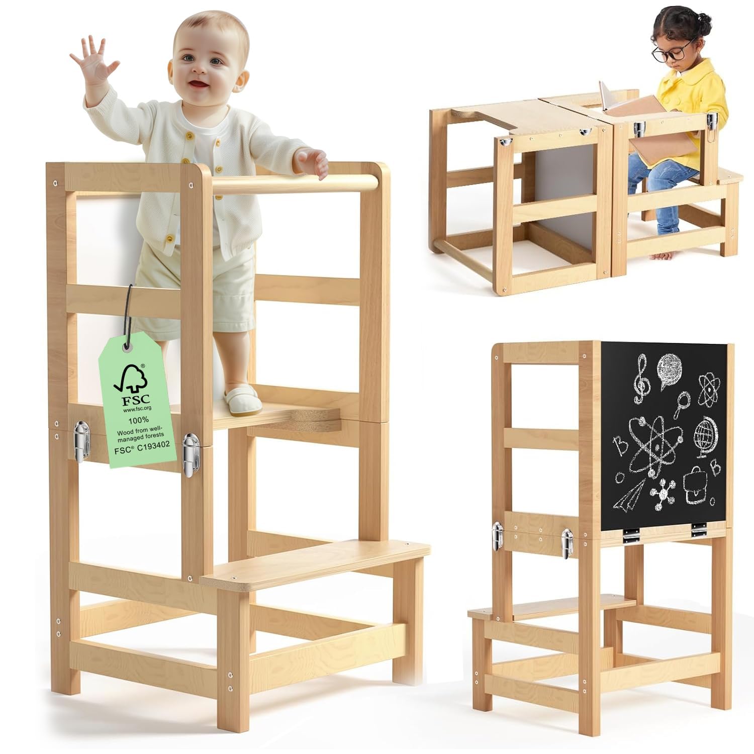 Kids Kitchen Step Stool - Foldable Anti-Slip Learning Tower with ...