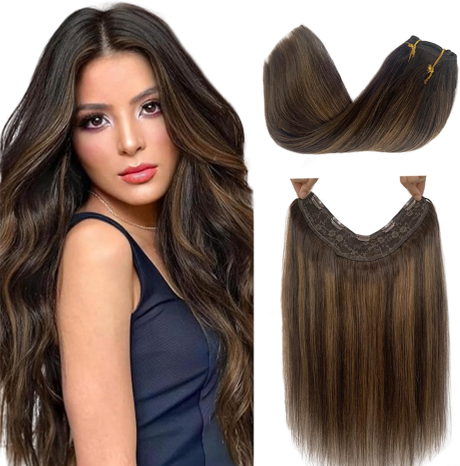 Amazon.com : Clip in Hair Extensions Human Hair Balayage Dark Brown and ...