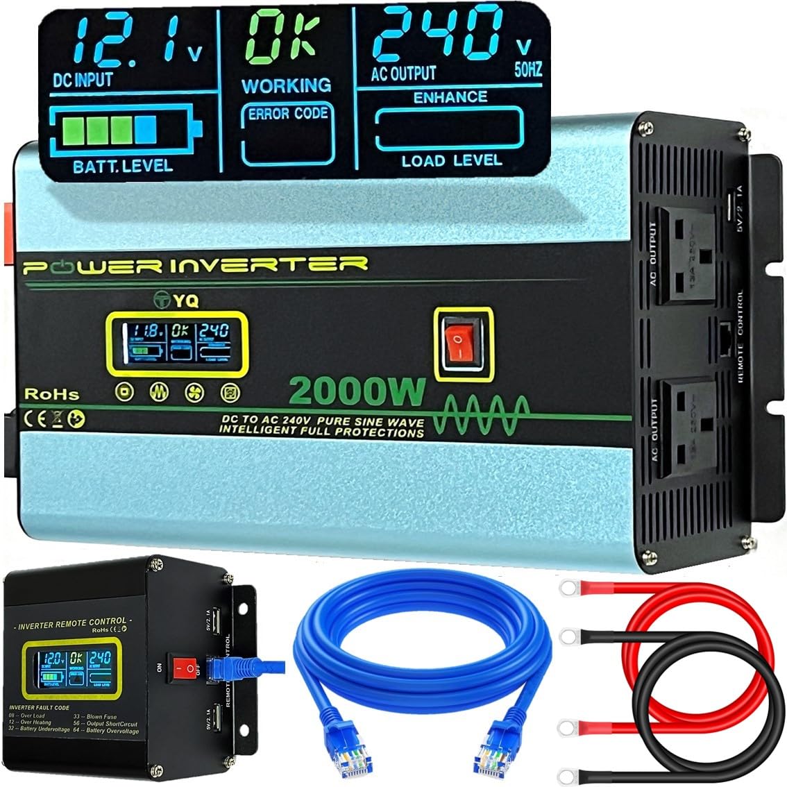 YQ Power Inverter Pure Sine Wave 2000W Peak 4000W DC12V to AC240V ...