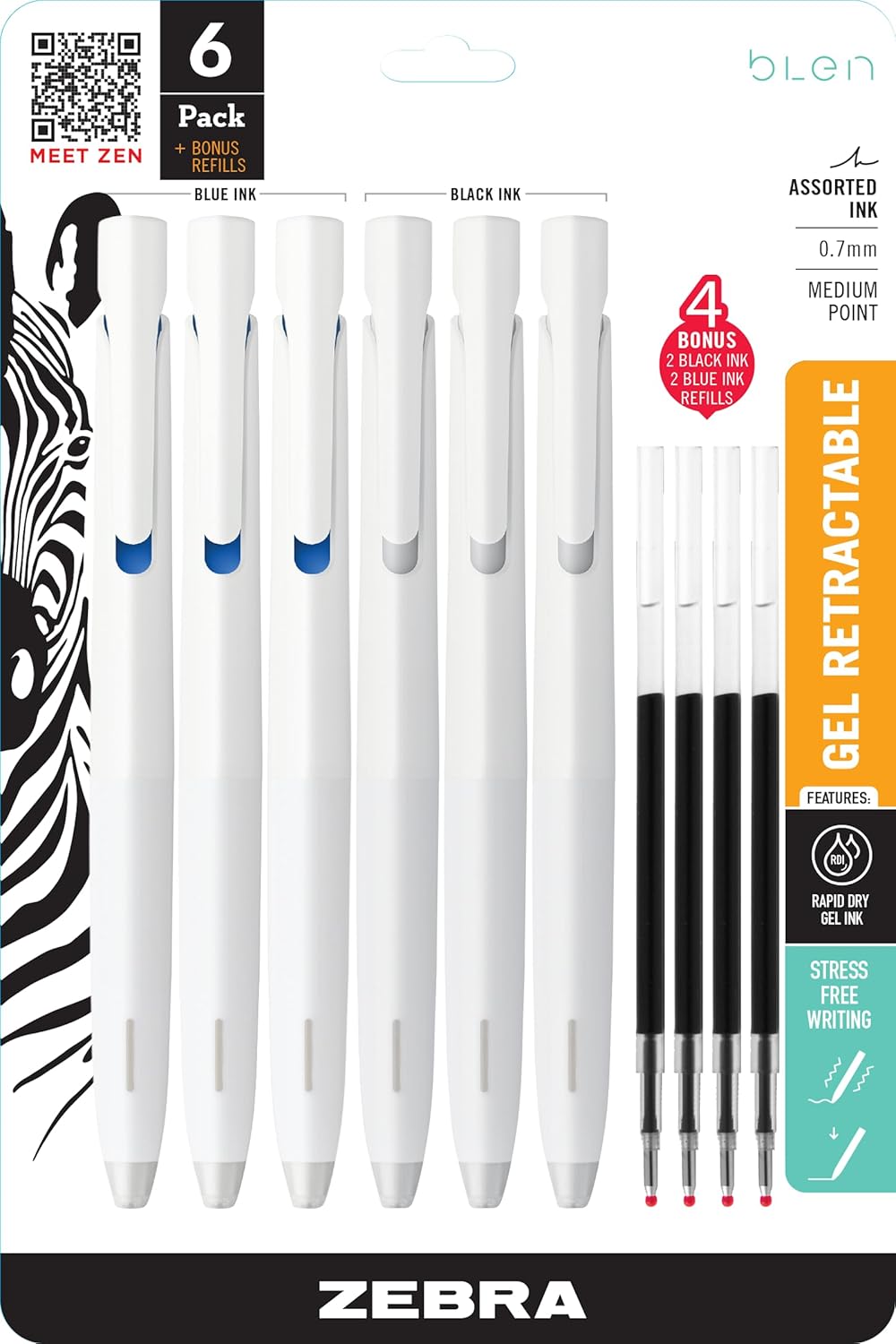 Amazon.com: Zebra Pen bLen Gel Pens 0.7mm Medium Point Black And Blue Ink 6-Pack With 4 Refills ...