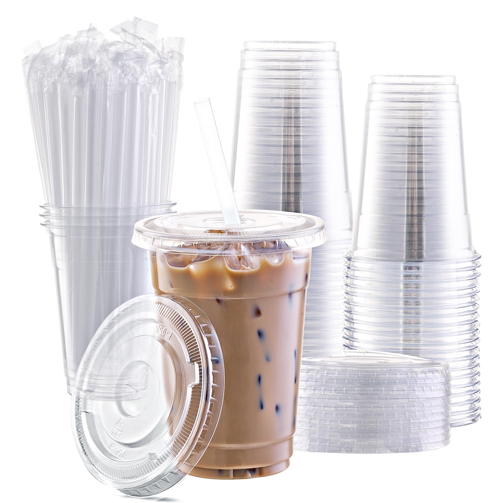 Amazon.com: WELLIFE 100 Sets 16 oz Plastic Cups with Lids and Straws, Clear Disposable To Go ...