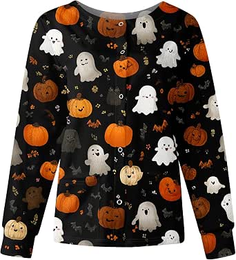 Amazon.com: Halloween Scrub Jackets for Women Button Cute Halloween ...