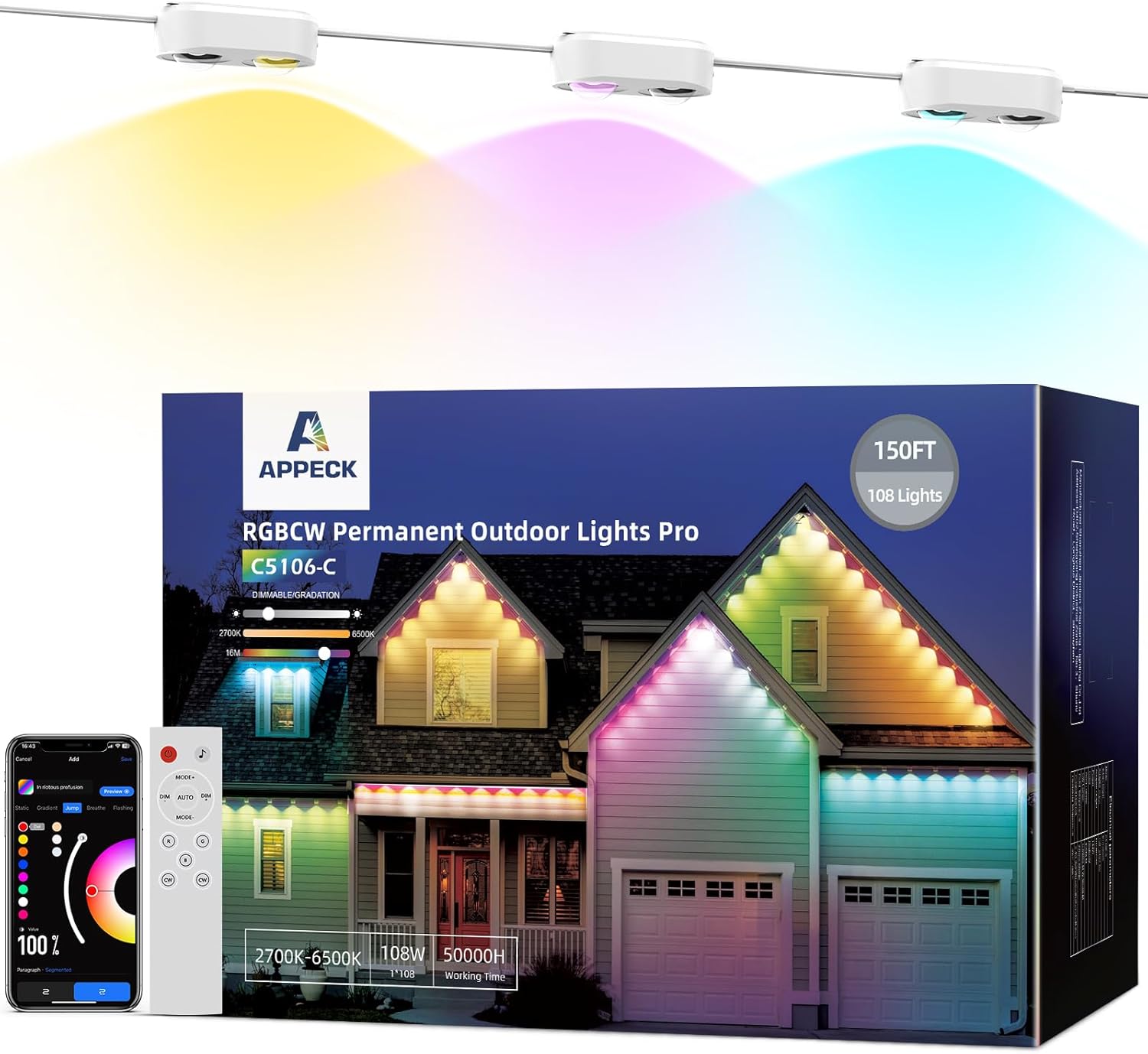 APPECK Permanent Outdoor Lights Pro 150ft, RGBCW Smart Eaves Lights ...