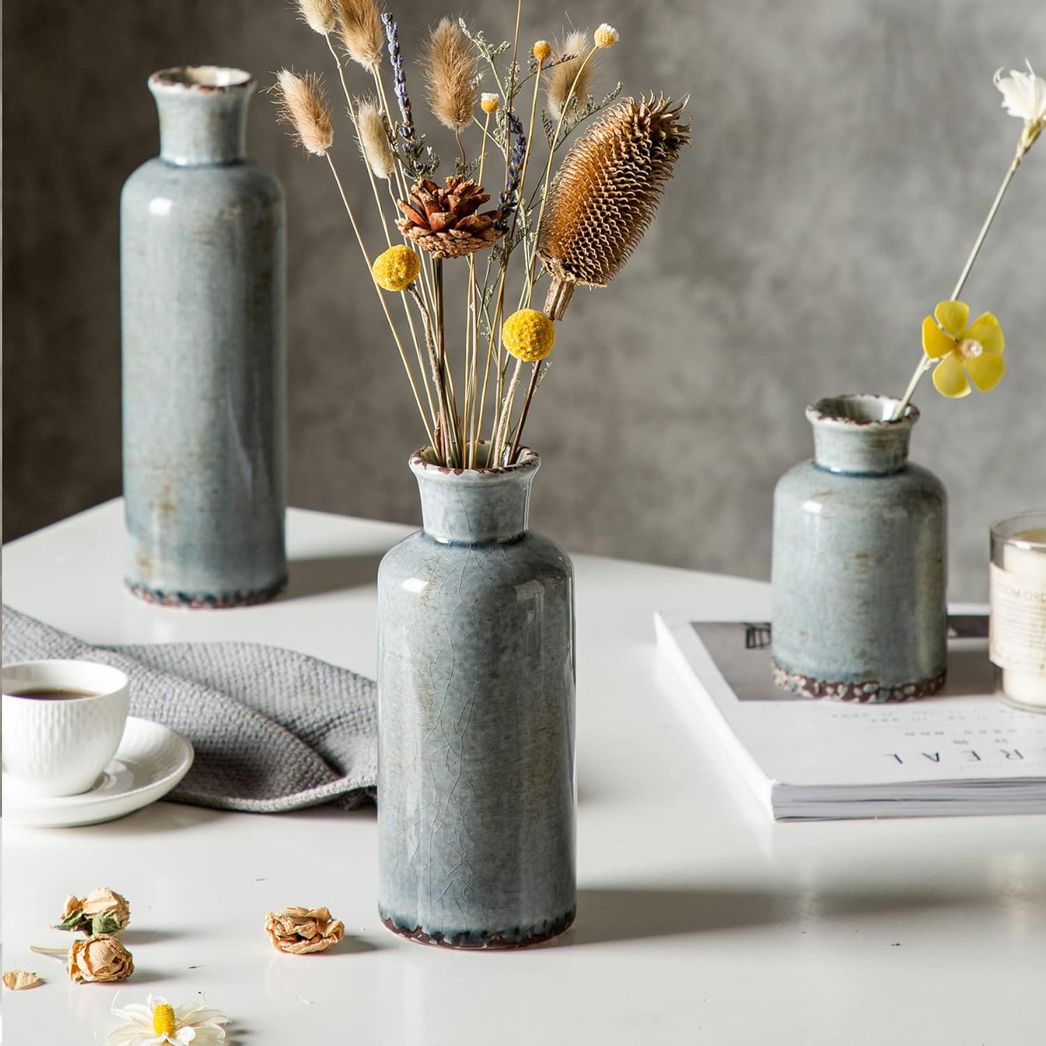 Juego de 3 jarrones de cerámica juego de jarrones de flores azules ...