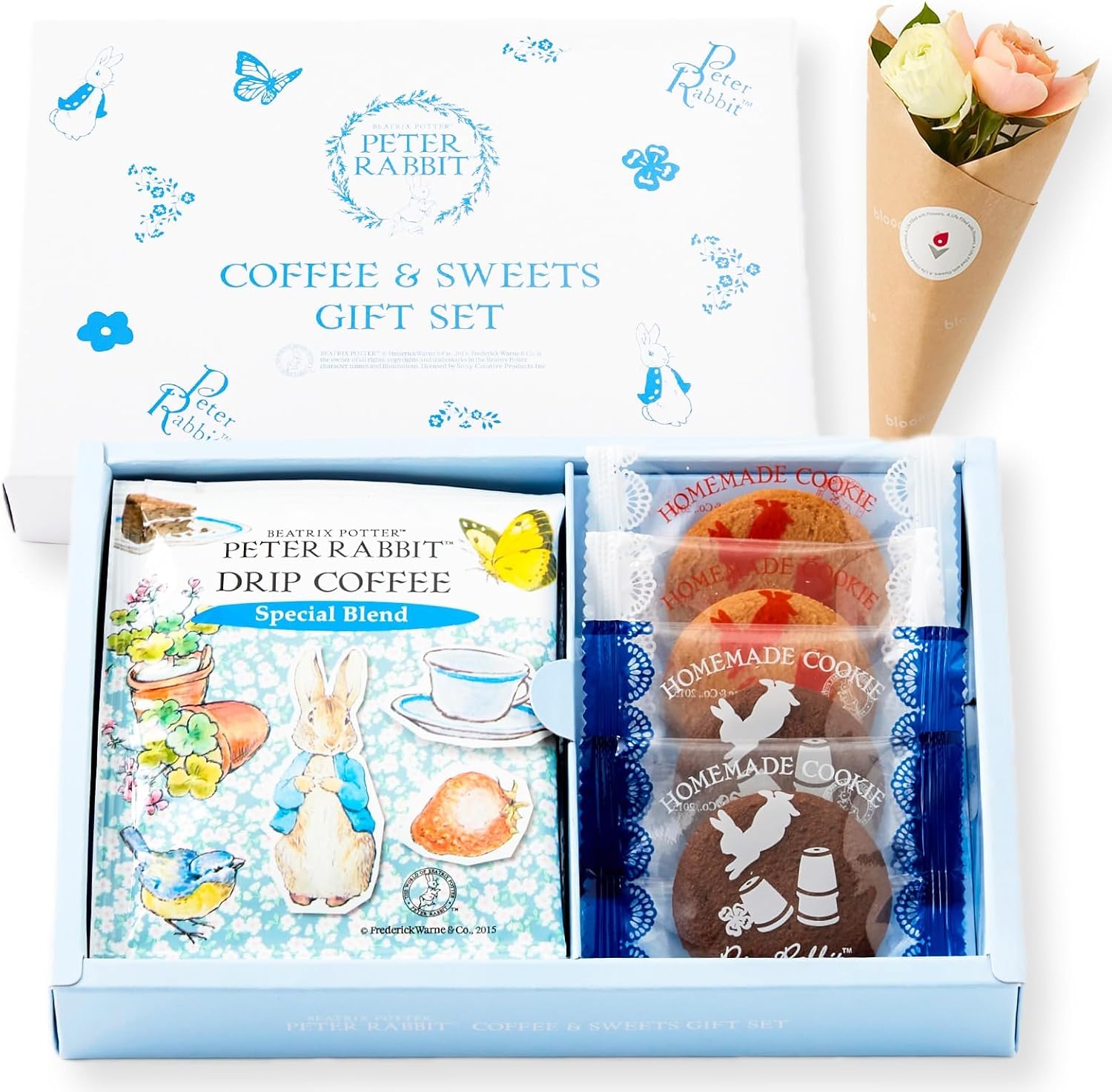 Amazon｜bloomee(ブルーミー) ピーターラビット コーヒー クッキー ＆ 季節のお花 4本 ミニ ブーケ セット ( お菓子 コーヒー クッキー クリスマス 生花 花 ) ギフト ...
