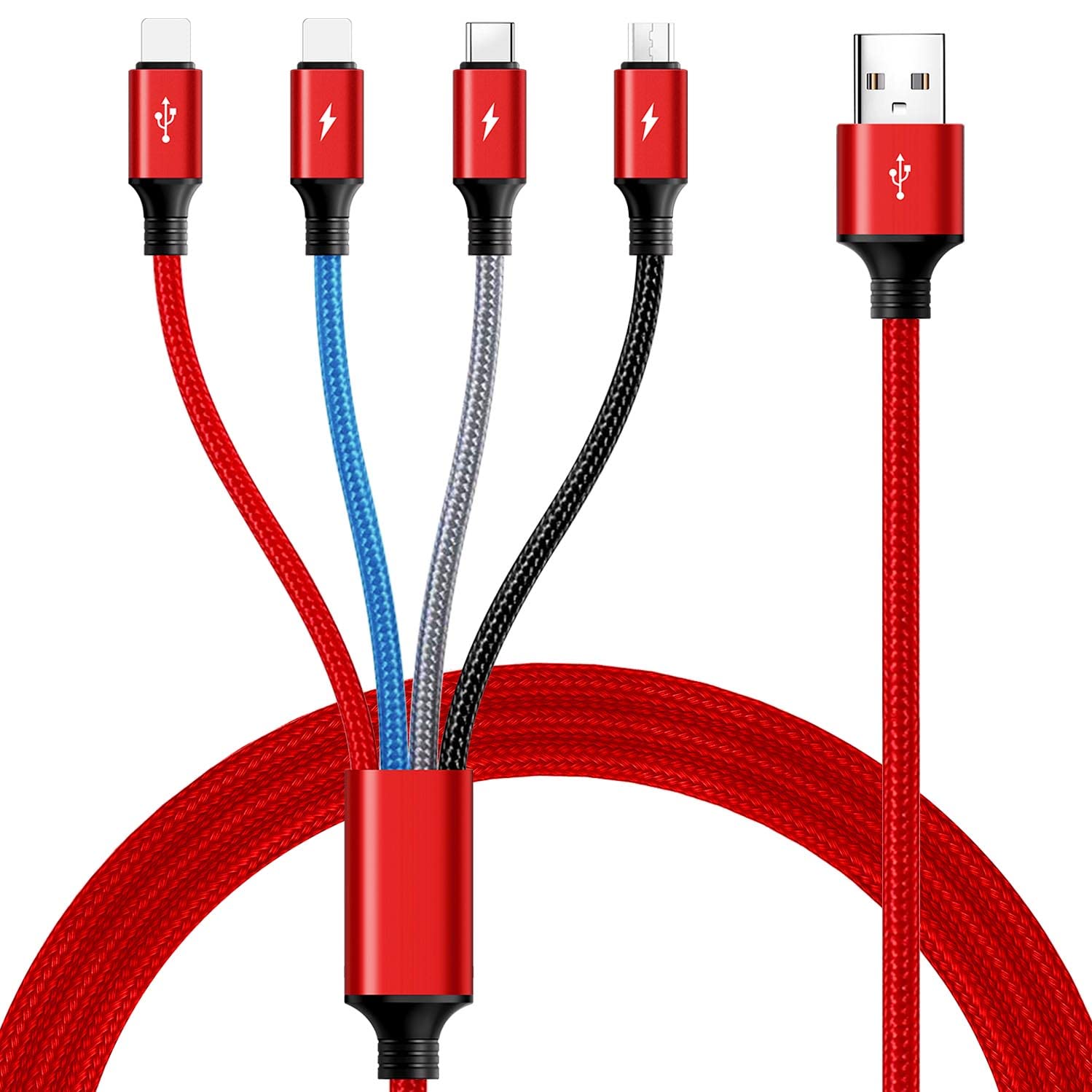 Langes Multi Ladekabel 4A, 3M 4 in 1 Ladekabel Mehrere schnelle USB Kabel Nylon geflochten mit 2 ...