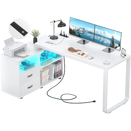 Amazon.com: Homieasy L Shaped Desk with File Cabinet & Power Outlet ...