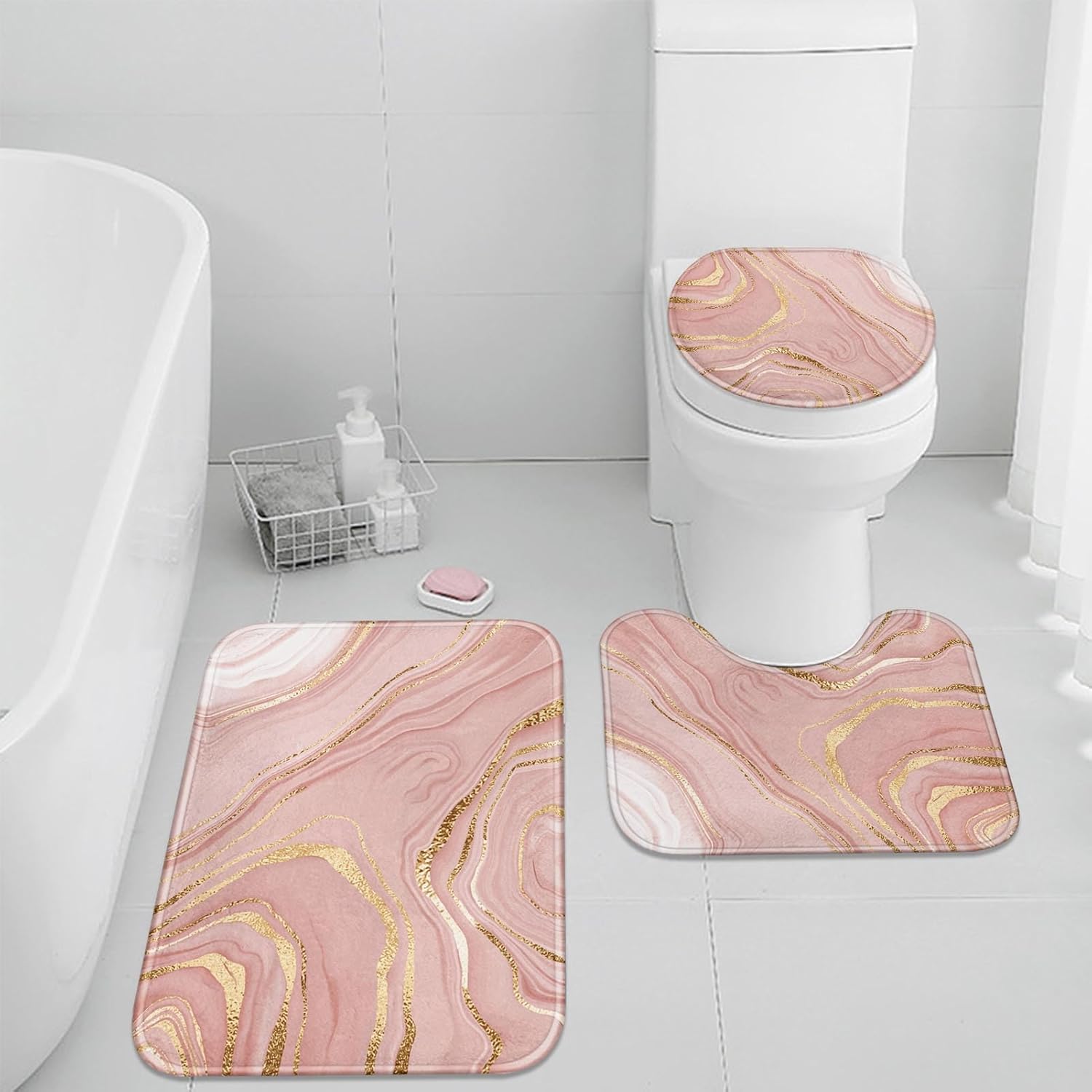 Amazon.com: Britimes Pink Marble Bathroom Rug Set of 3, Gold Rose 3 ...