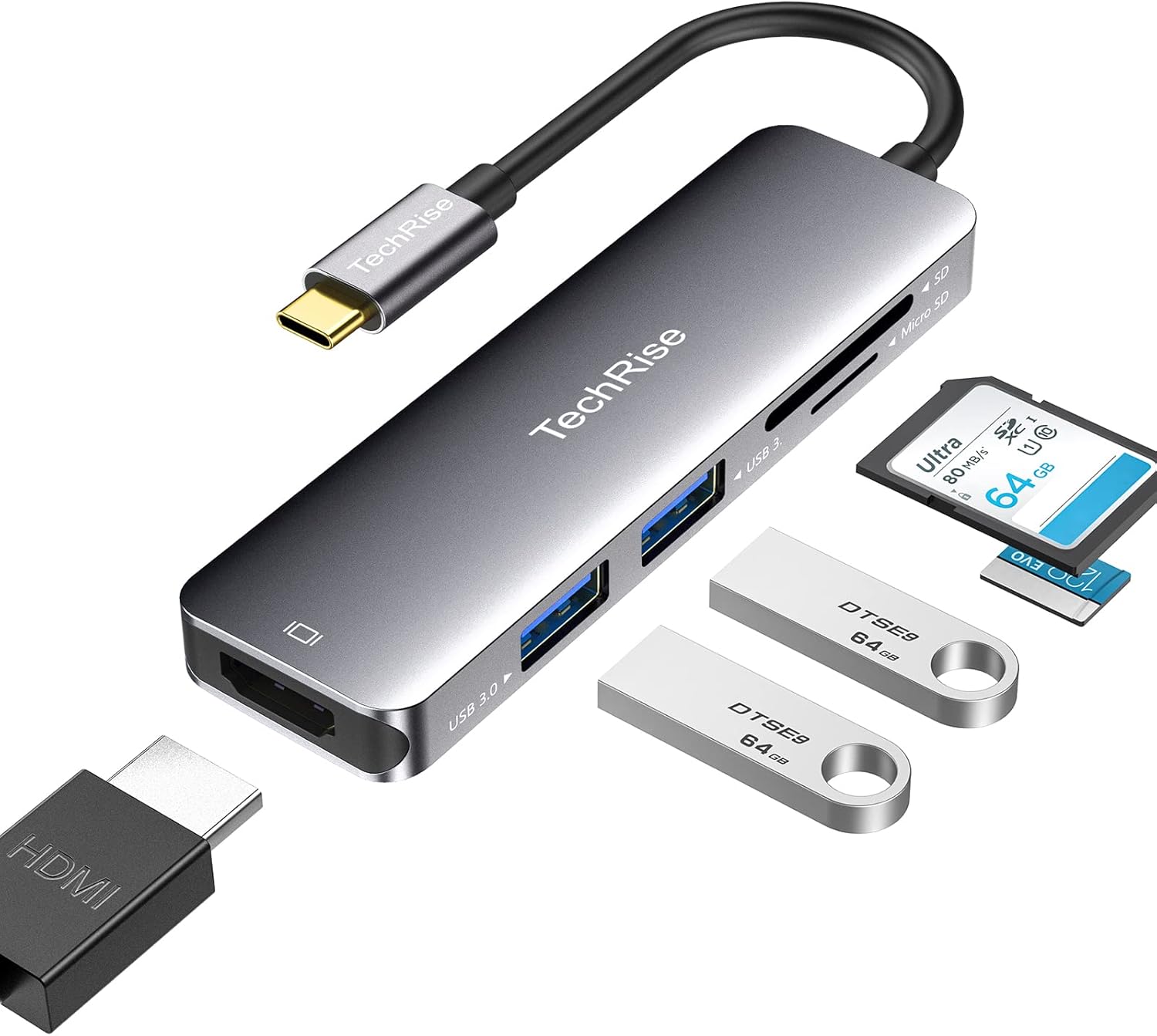 TechRise USB C Hub，5-in-1 USB C Multiport Adapter with 4K HDMI, 2 USB 3 ...