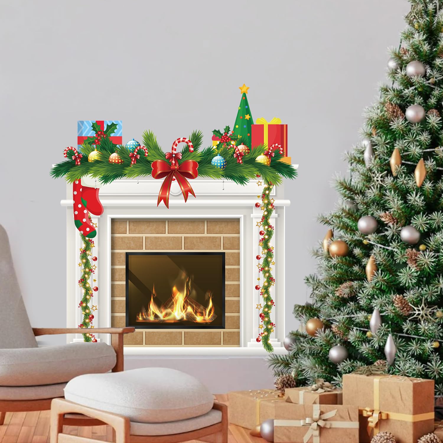 KAIRNE 3D Christmas Fireplace Wall Stickers,with Burning Log Fire Wall ...