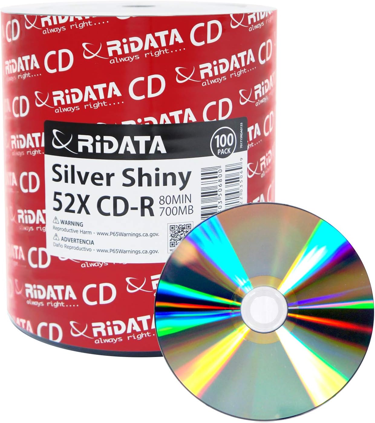 Amazon.com: 100 Pack Ridata CD-R 52X 700MB 80Min Silver Shiny Blank ...