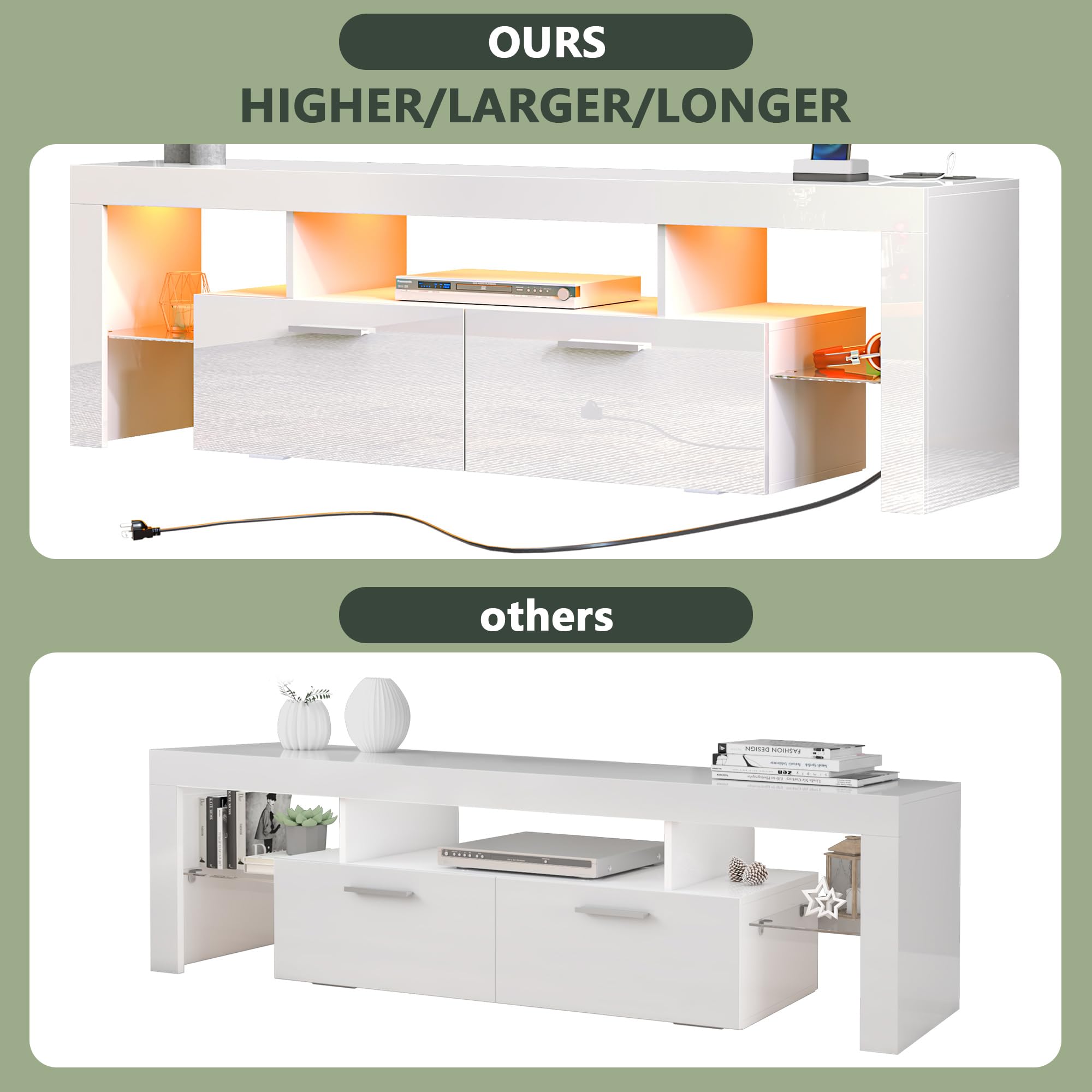 Clikuutory Modern LED White 67 inch TV Stand with Power Outlet and ...