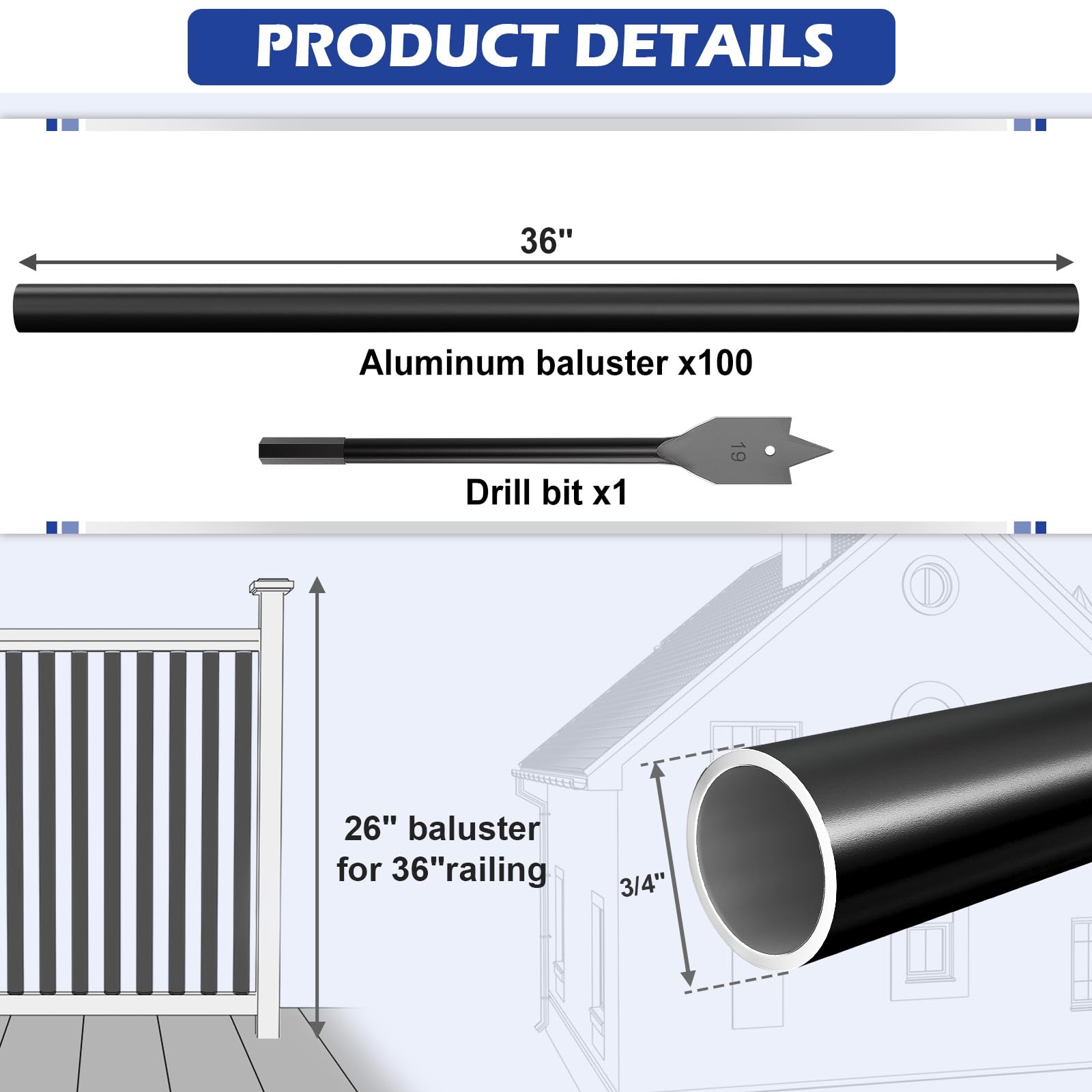 Snapklik.com : 100 Pack 36" Aluminum Deck Balusters Round Black Deck ...