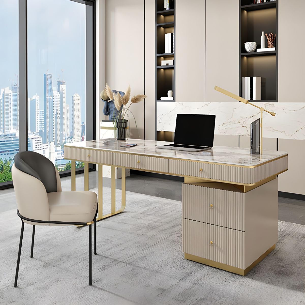 Amazon.com: RUNNUP Stone top Computer Desk with 5 Drawers, Rectangular ...