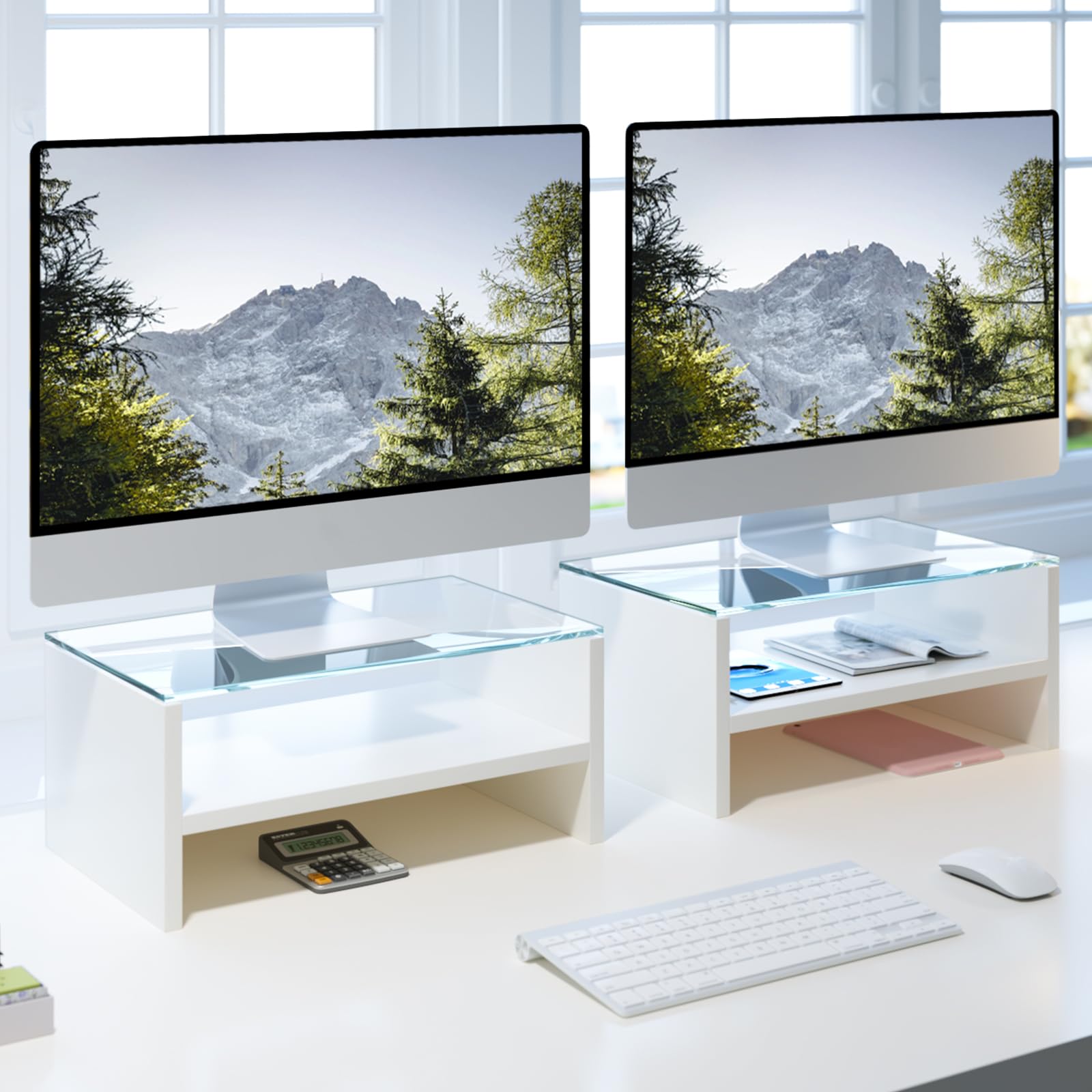 Snapklik.com : 2 Tier Glass Monitor Stand Riser, White Monitor Stand ...