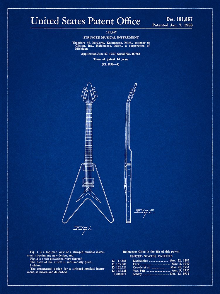 Amazon.com: Gibson Flying V 1958 Patent - Guitar Blueprint-Style Art ...