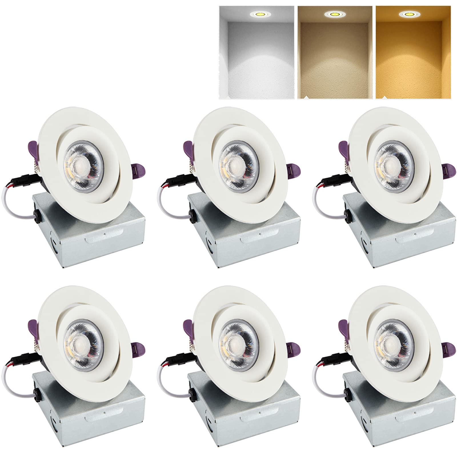 Fiqevs 4 Inch LED Gimbal Recessed Lighting with Junction Box, 3 Color ...
