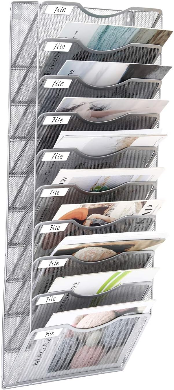 EasyPAG 10-Tier Wall Mounted Hanging File Organizer Metal Mesh File ...