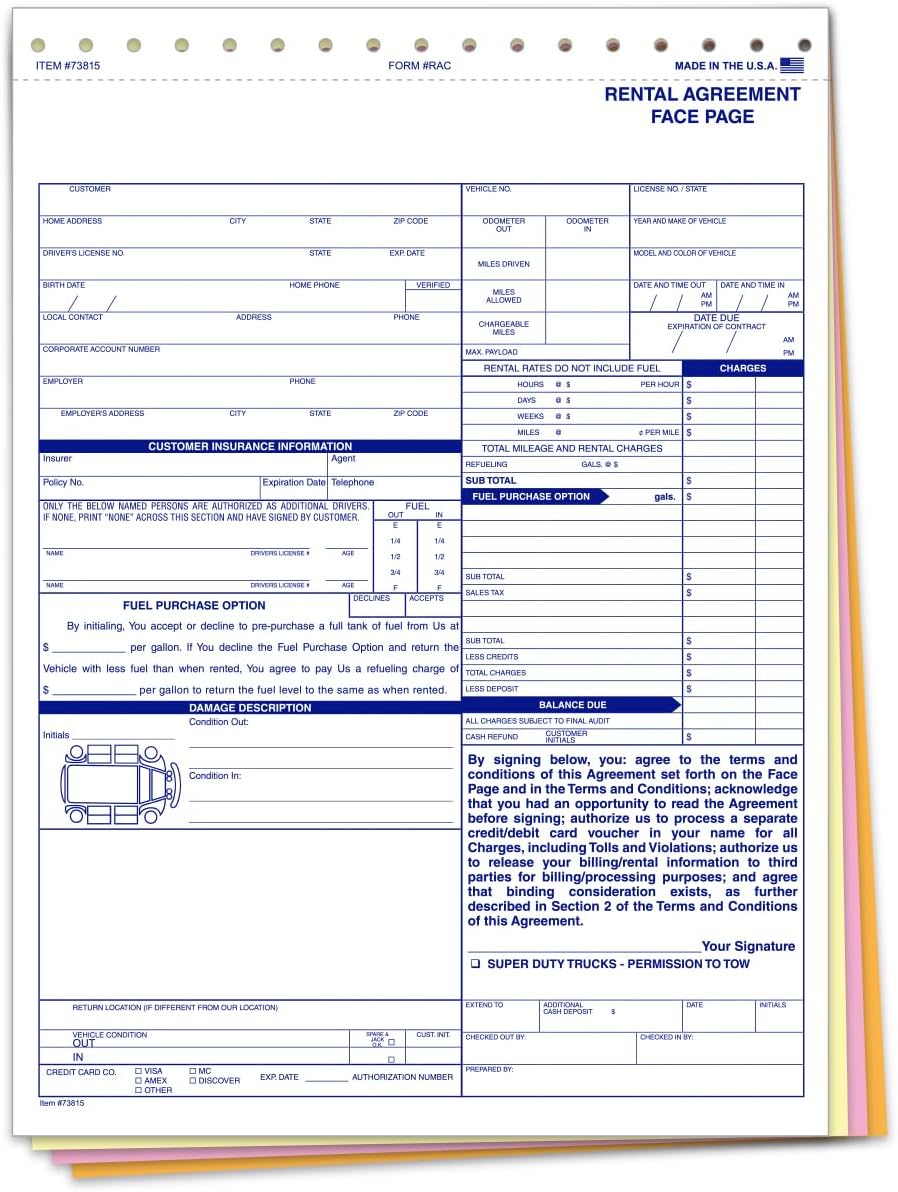 Amazon.com : Professional Auto Rental Agreement Forms for Car ...